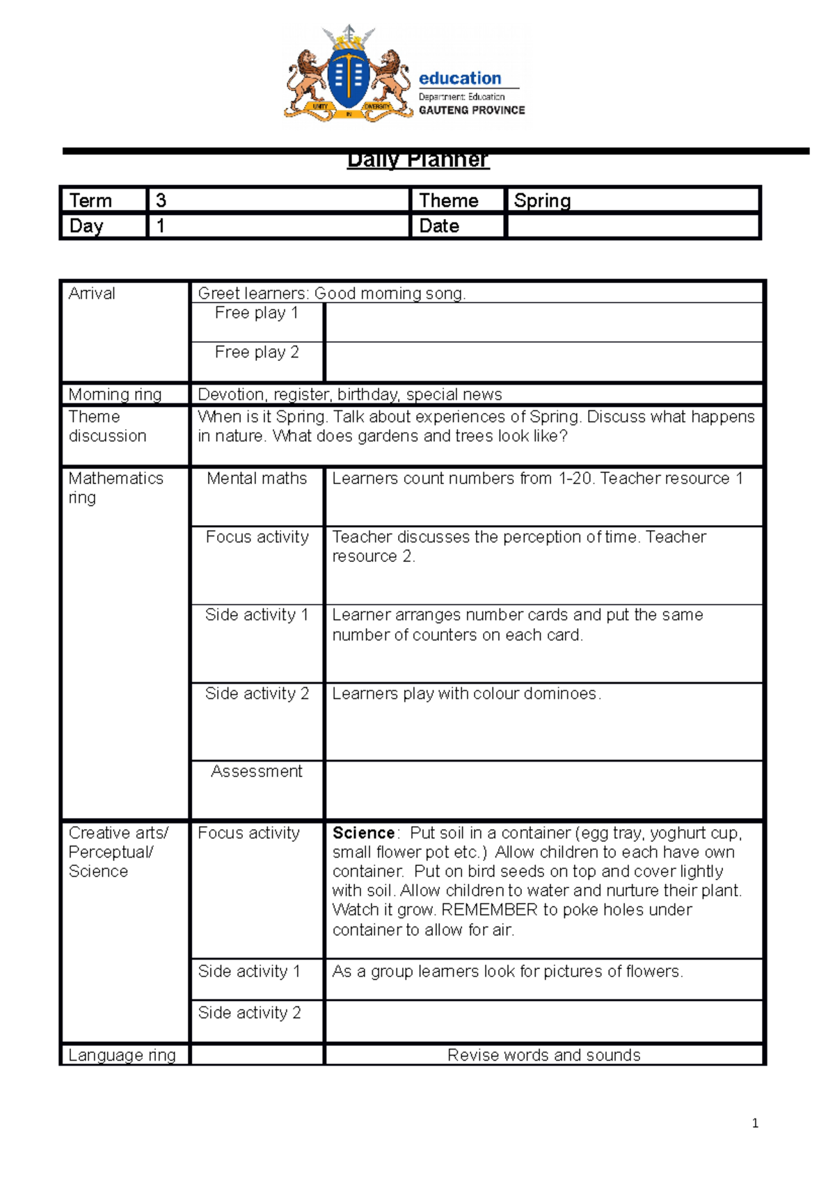 Spring - Detailed theme outlines - Daily Planner Term 3 Theme Spring ...