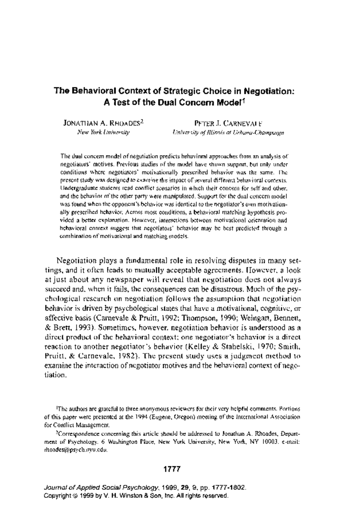 The Behavioral Context of Strategic Choice in Negotiation A Test of the ...