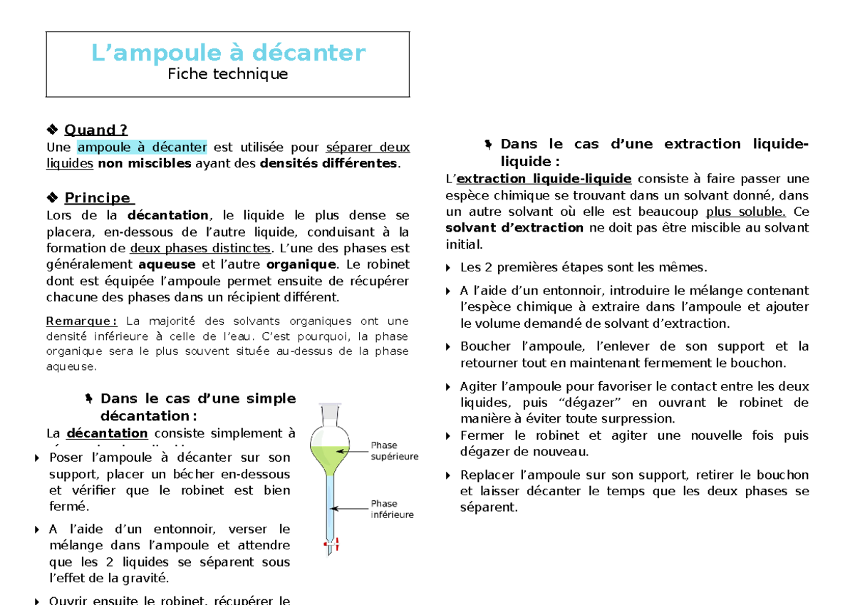 Fiche méthode Ampoule à décanter - L’ampoule à décanter Fiche technique ...