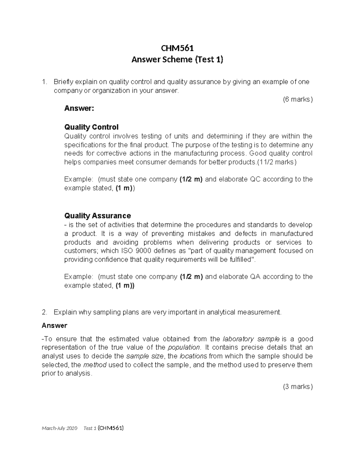 Test 1 CHM561 2020 Mac - CHM Answer Scheme (Test 1) 1. Briefly explain ...