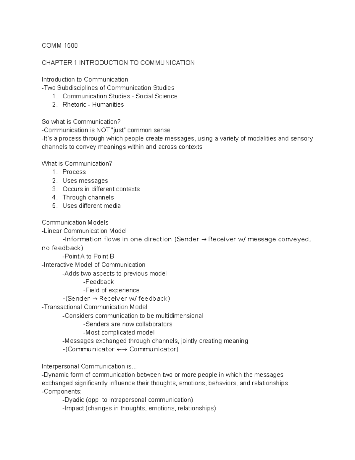 COMM 1500 Notes - COMM 1500 CHAPTER 1 INTRODUCTION TO COMMUNICATION ...