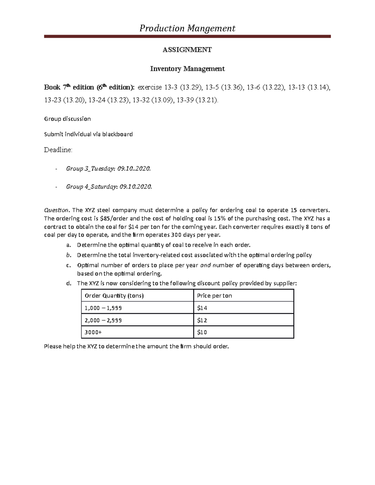 Assignment 3- Inventory Management - Production Mangement ASSIGNMENT ...