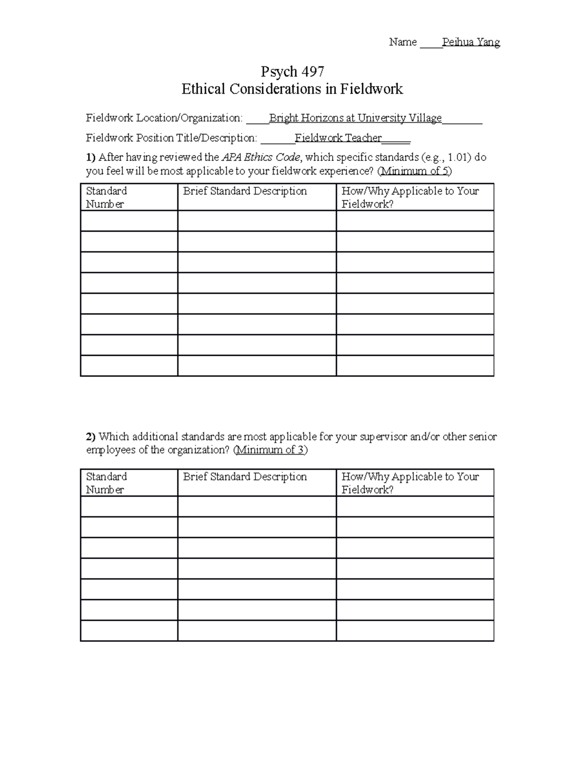 Ethics Worksheet - Name ____Peihua Yang Psych 497 Ethical ...