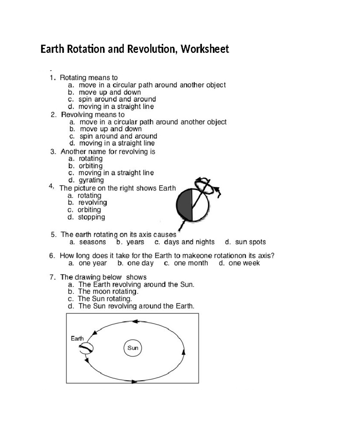 Earth Rotation and Revolution, Worksheet - Rotating means to a. move in ...