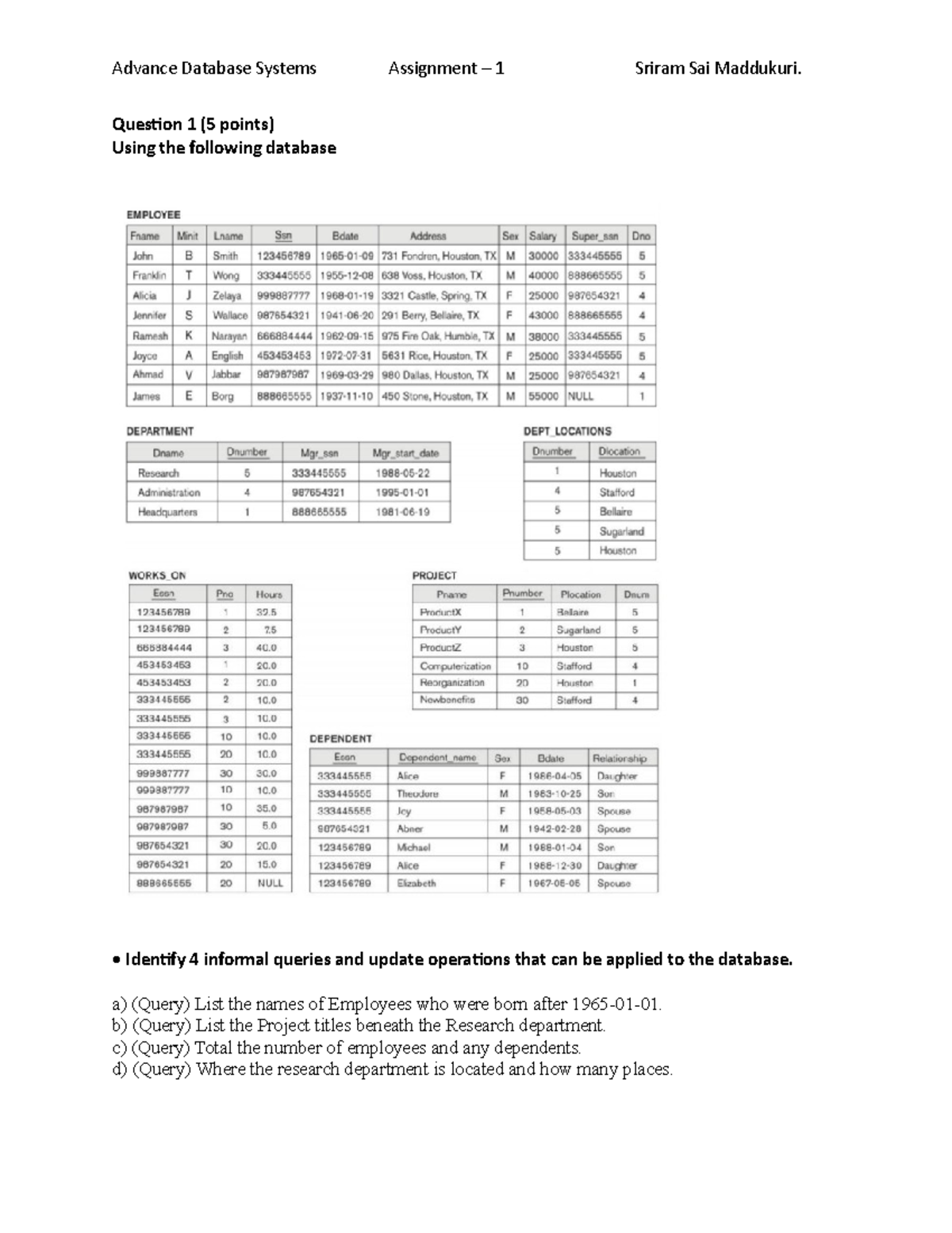 Sriram ADS Assignment 1 - Question 1 (5 points) Using the following database Identify 4 informal ...