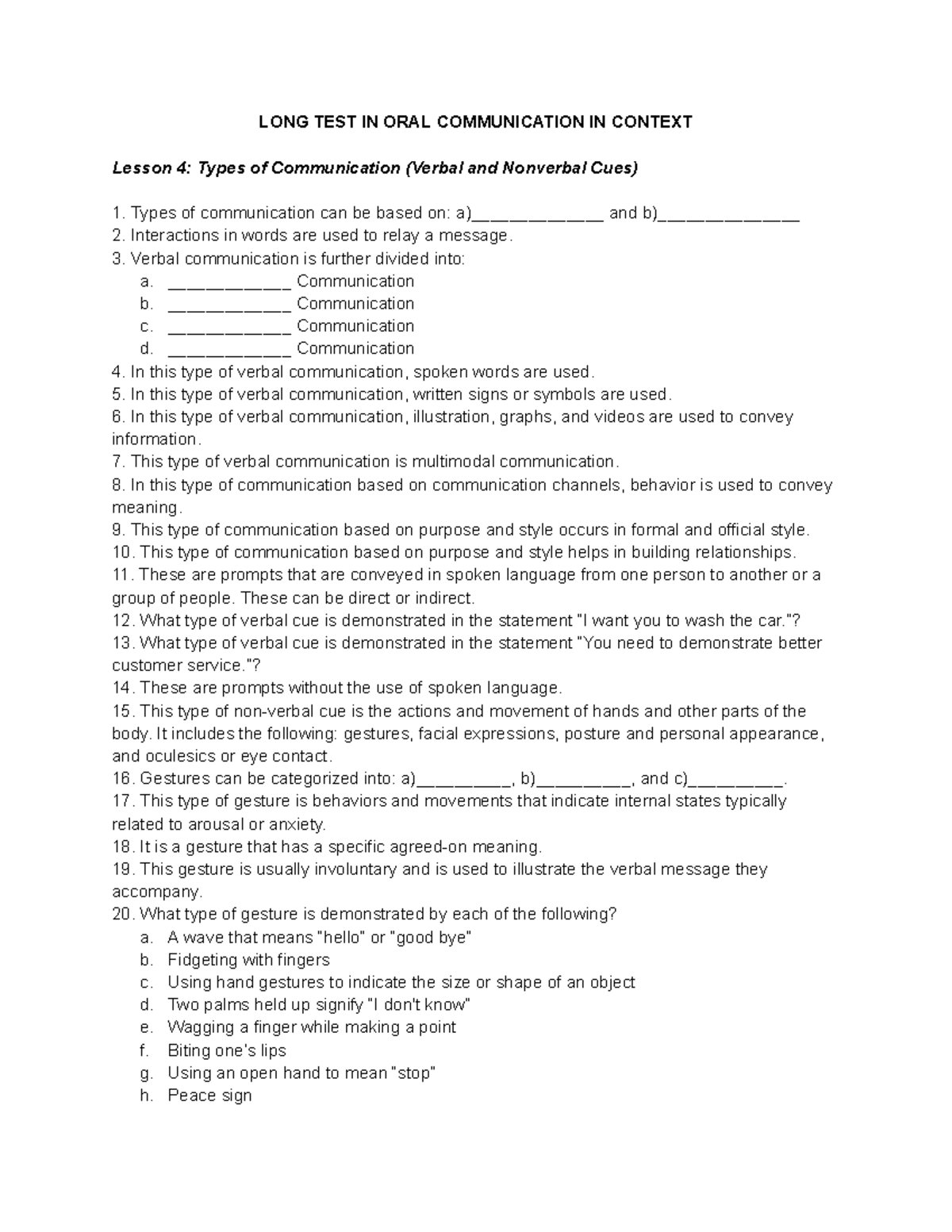 Long Test in Oral Communication - LONG TEST IN ORAL COMMUNICATION IN ...