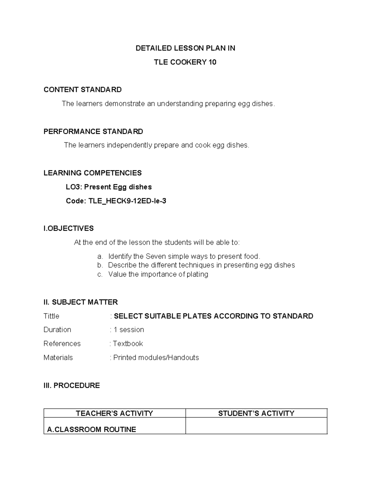 Detailed Lesson PLAN IN Seven Simple WAYS TO Present FOOD LIKE A CHEF ...
