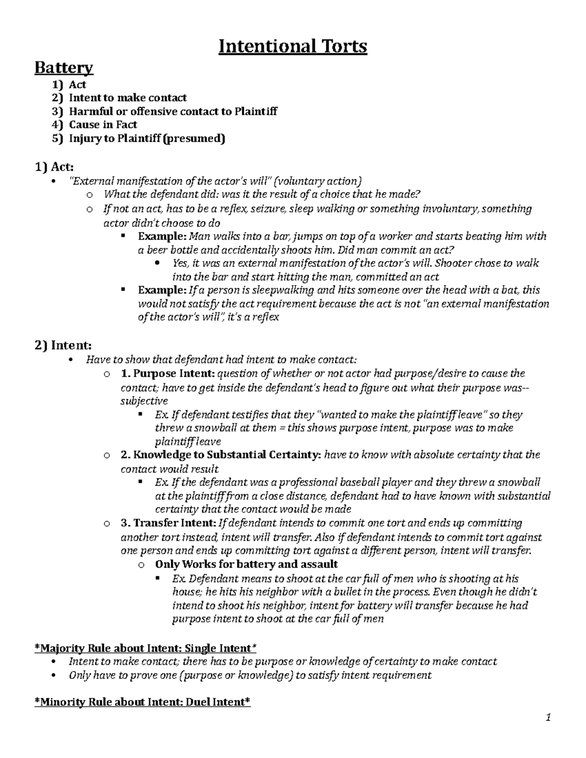 Torts Outline 2 - Intentional Torts Battery Act Intent to make contact ...