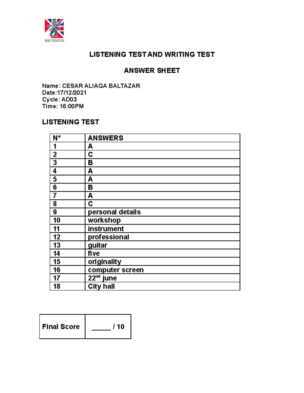 Listening TEST AND Writing TEST - Answer Sheet - LISTENING TEST AND ...