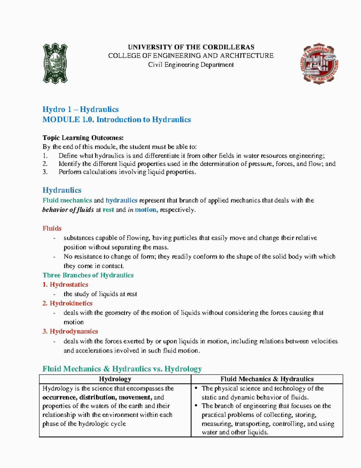 Hydro 1 - Module 1.1 Introduction to Hydraulics - UNIVERSITY OF THE CORDILLERAS COLLEGE OF - Studocu