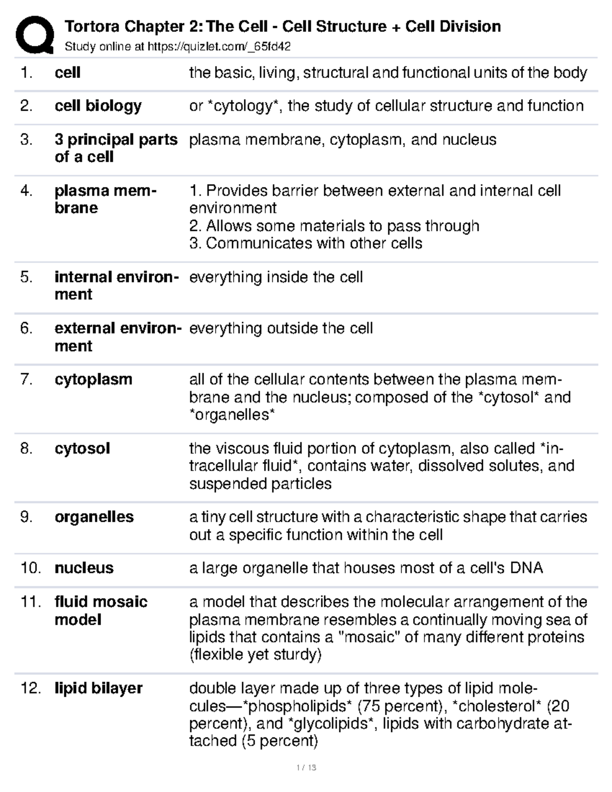 Tortora Chapter 2 The Cell - Cell Structure + Cell Division - Study ...