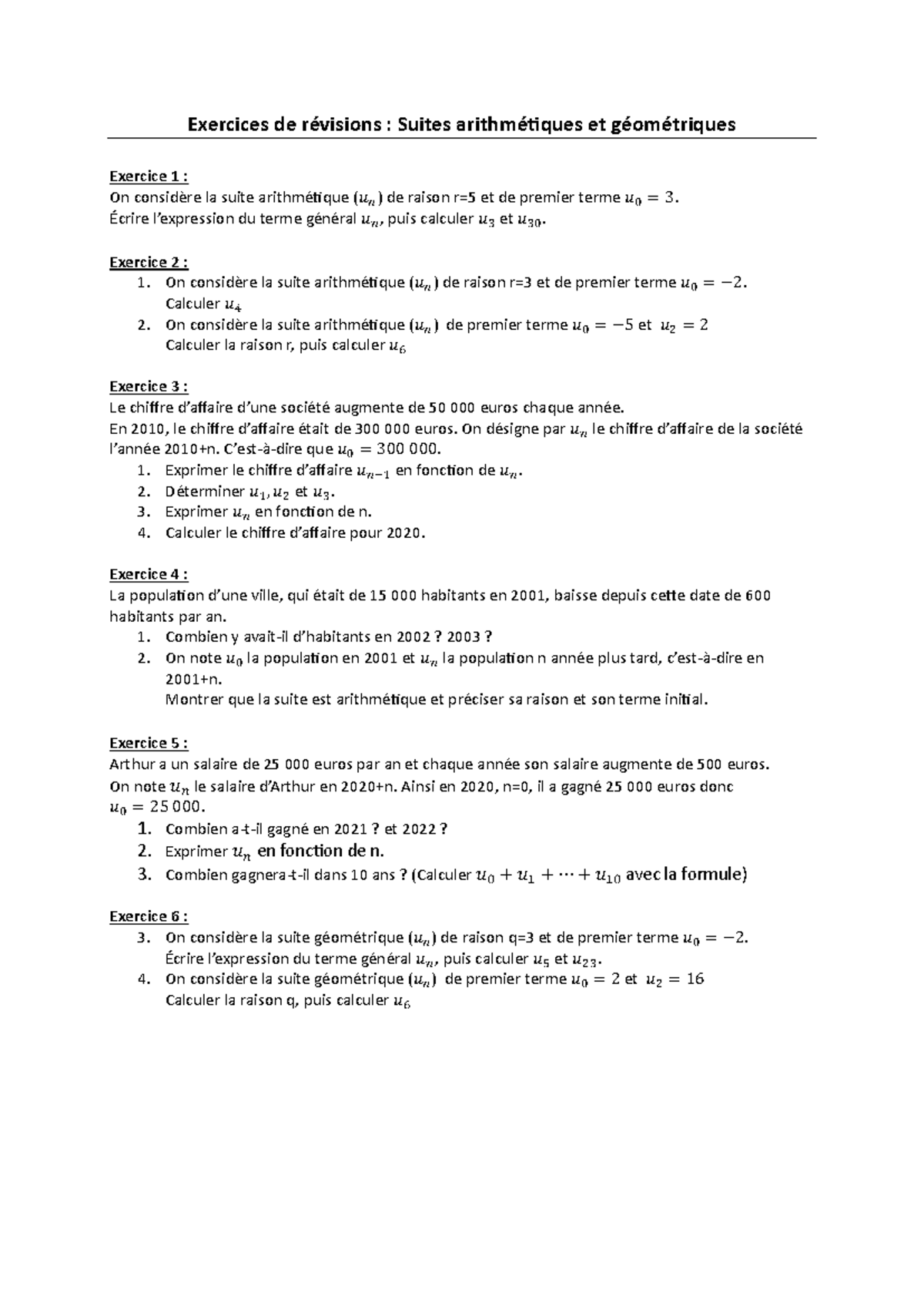 Exercices de révisions suites - Écrire l’expression du terme général 𝑢 ...