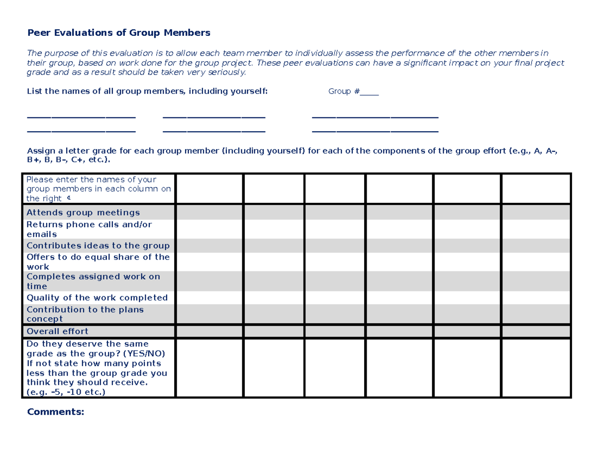 Group Member Peer Evaluations - Peer Evaluations of Group Members The ...