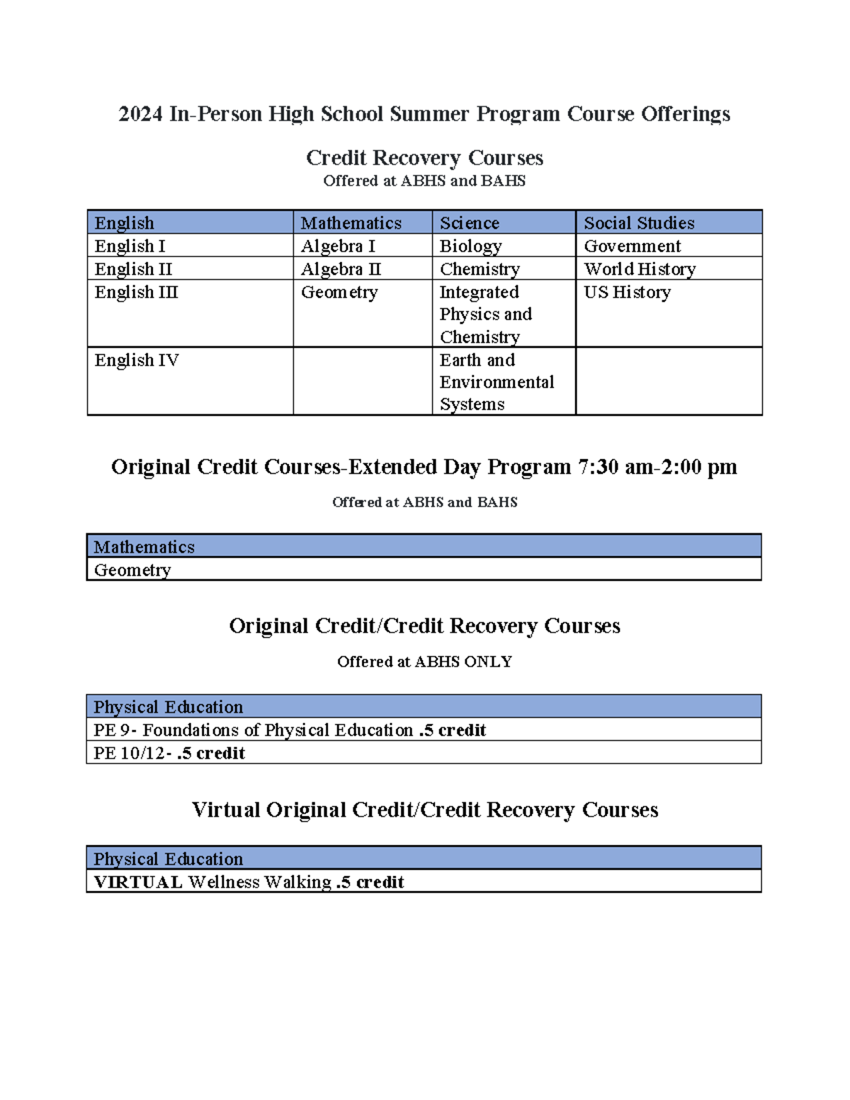 2024 In-Person High School Summer Program Course Offerings - 5 credit ...