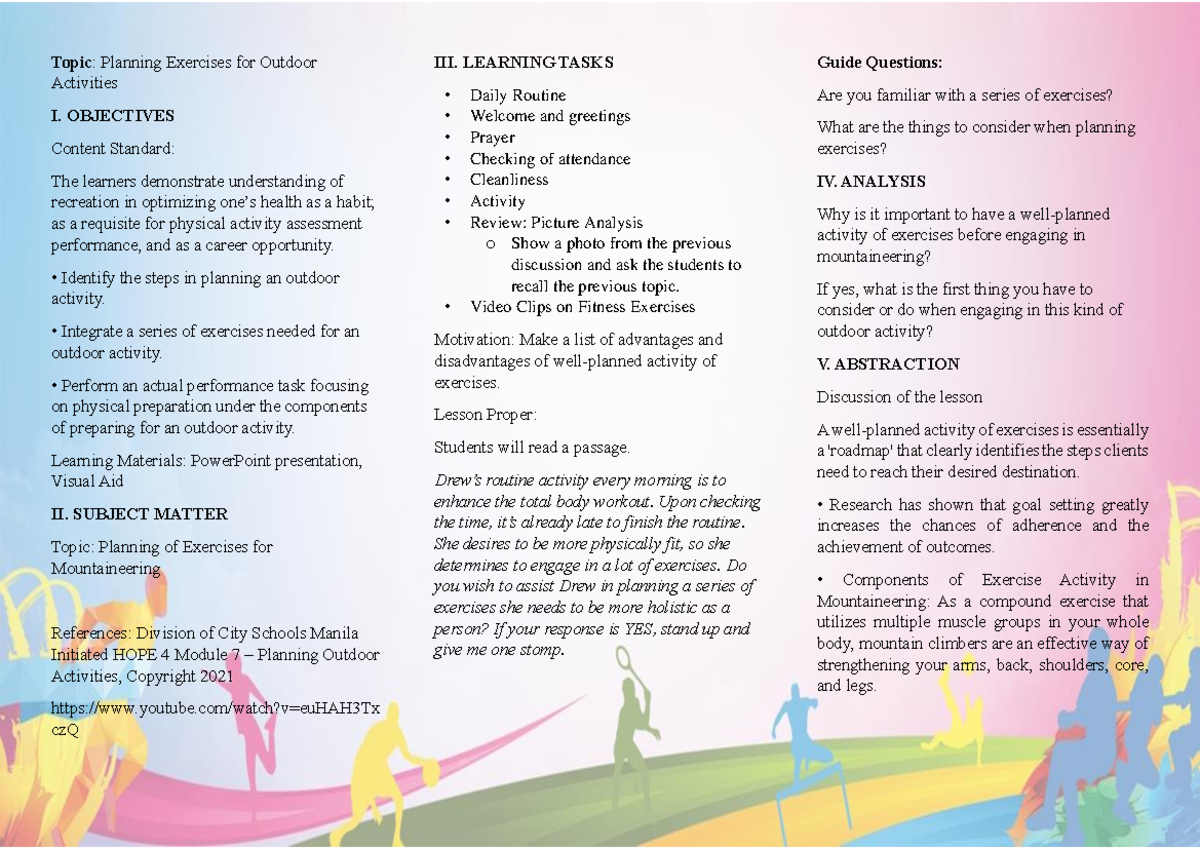 Cot lp - LEARNING MATEREIALS - Topic: Planning Exercises for Outdoor Activities I. OBJECTIVES ...
