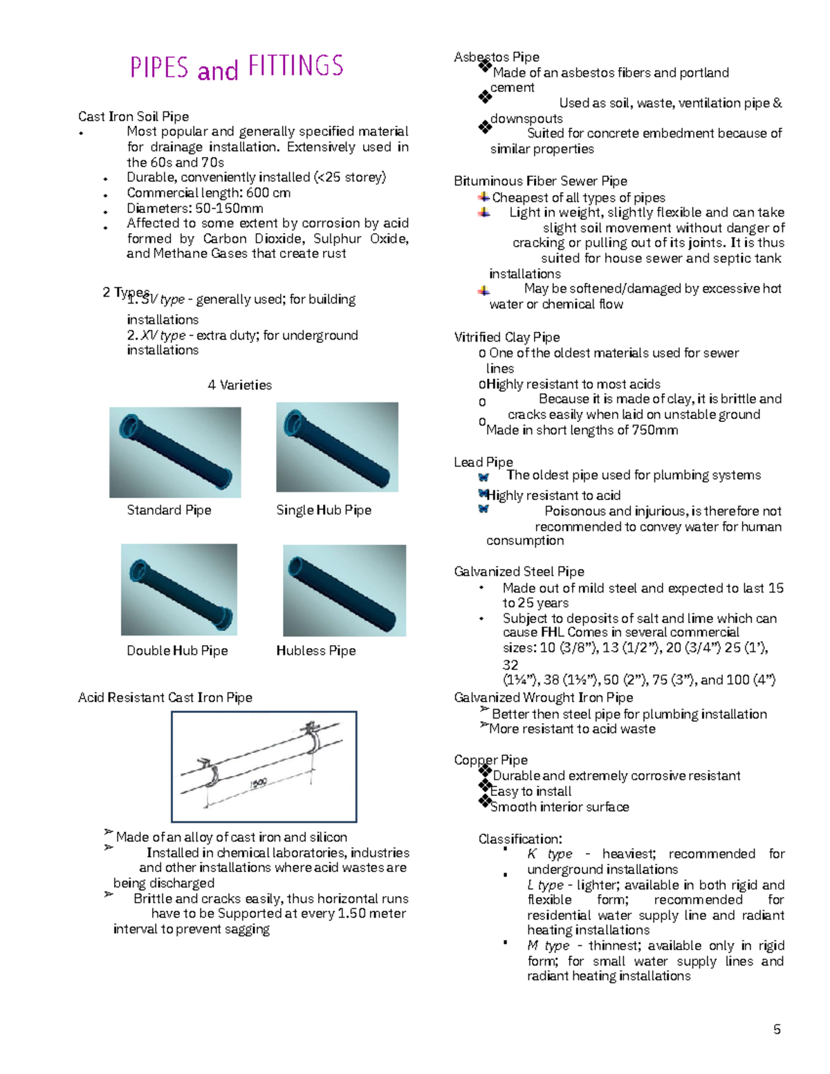 Plumbing Utilities notes about Pipes and Fitting - Made of an alloy of ...