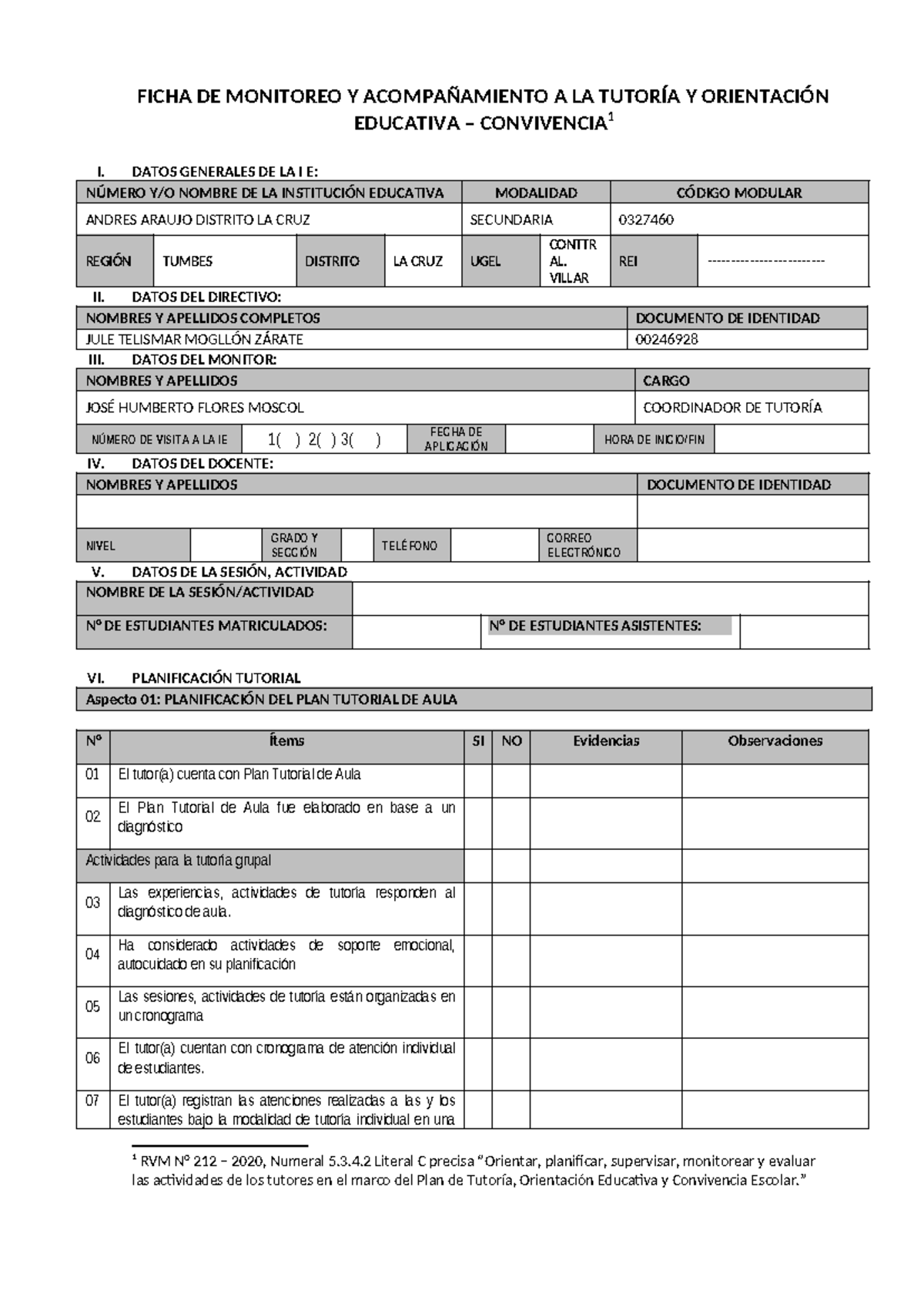 Ficha de monitoreo de tutoria y orientacion educativa - FICHA DE MONITOREO Y ACOMPAÑAMIENTO A LA ...