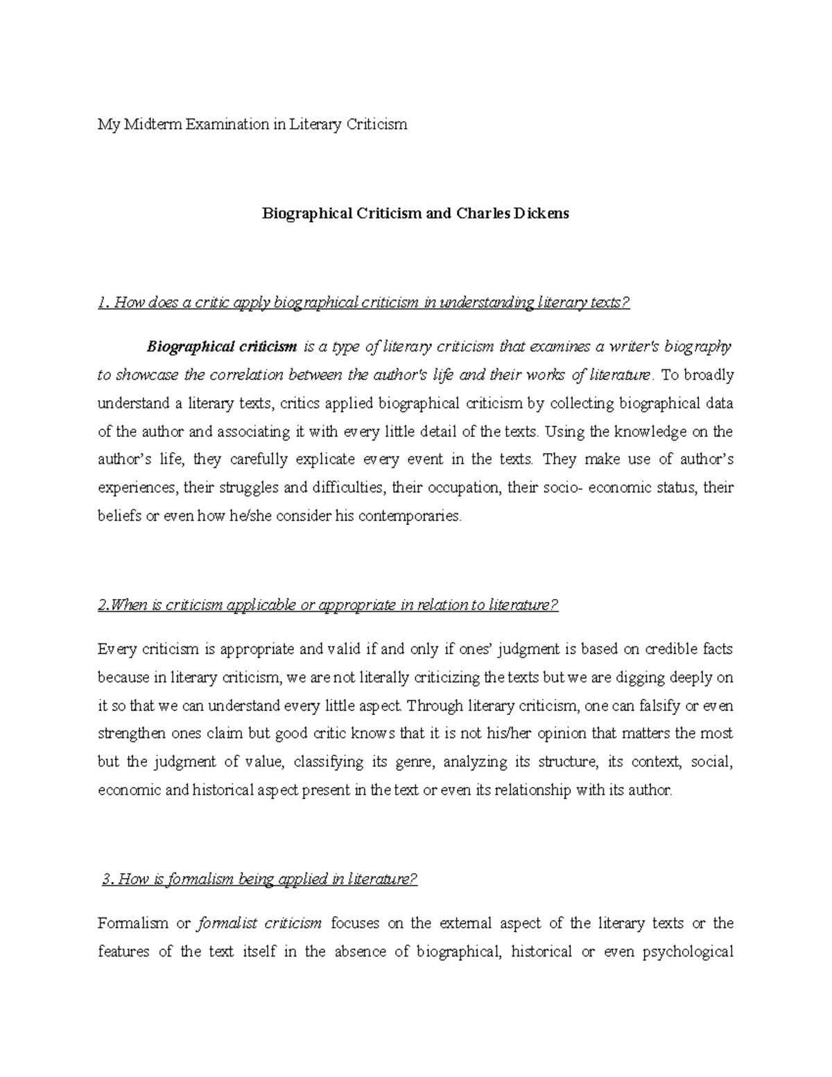 Biographical Criticism and Charles Dickens - My Midterm Examination in ...