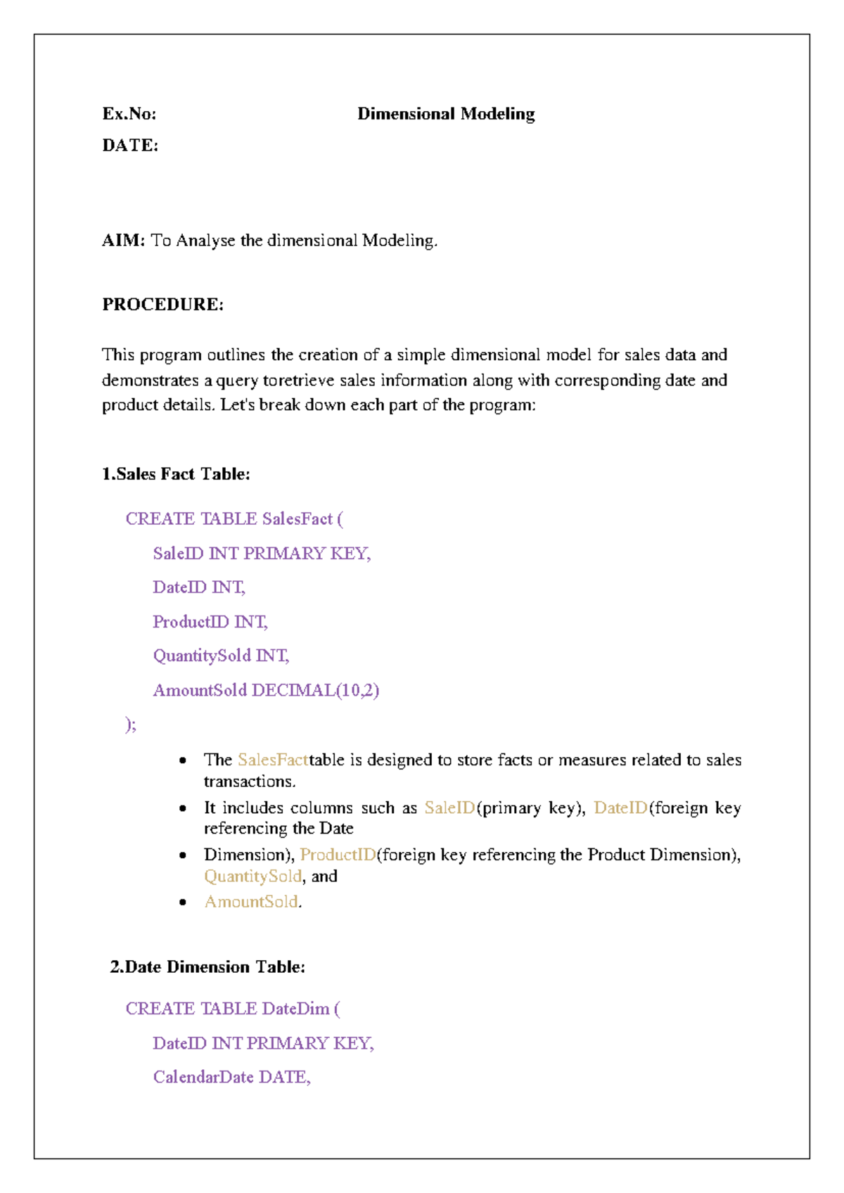 DW EX-6 - all about lab - Ex: Dimensional Modeling DATE: AIM: To ...