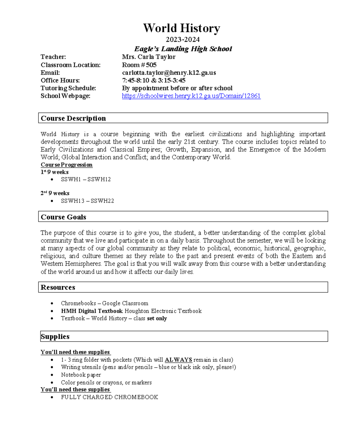World History Syllabus - World History 2023- Eagle’s Landing High ...