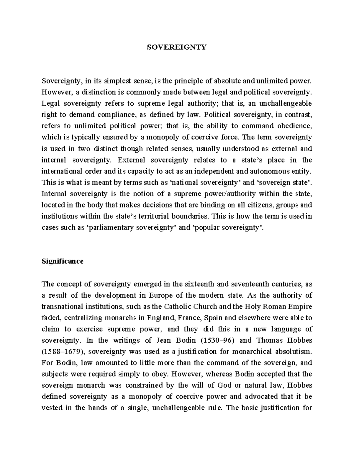 political science - SOVEREIGNTY Sovereignty, in its simplest sense, is ...