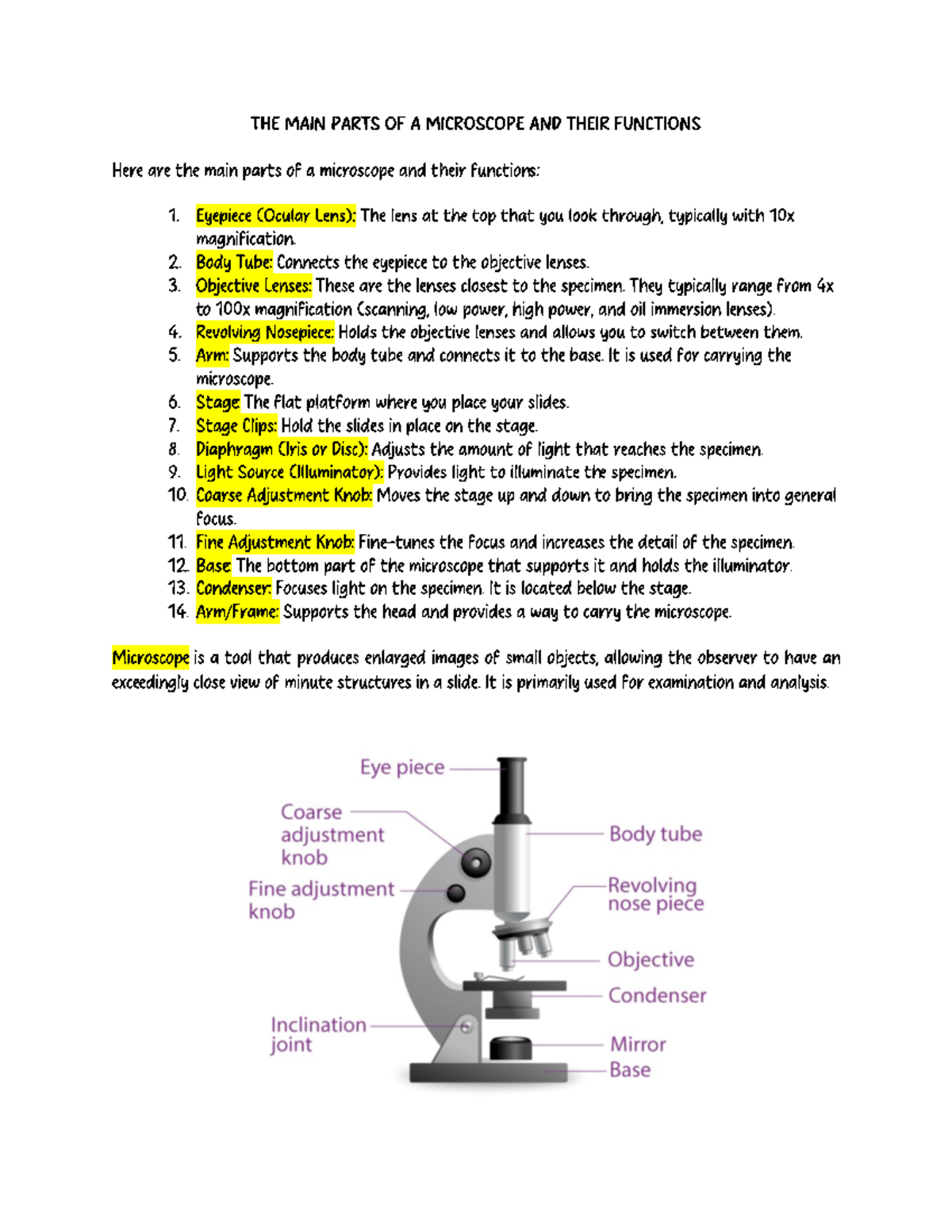 THE MAIN Parts OF A Microscope AND Their Functions - THE MAIN PARTS OF ...