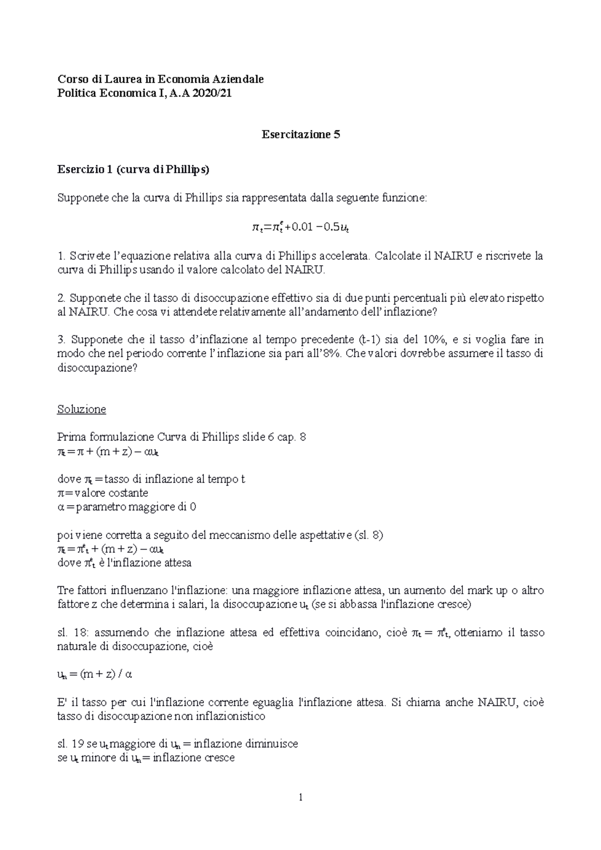 Esercitazione 5 del 16 mag con svolgimento e soluzioni - Corso di Laurea in Economia Aziendale ...