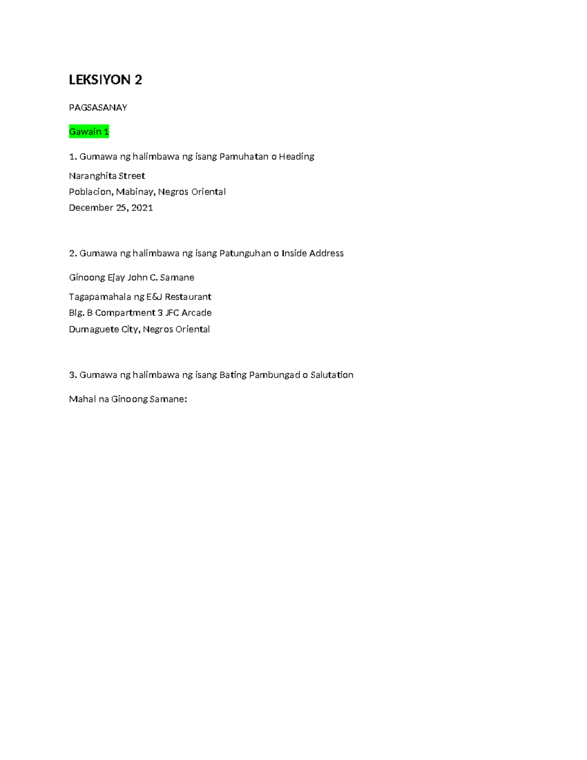 Leksiyon 2 - Summary - LEKSIYON 2 PAGSASANAY Gawain 1 Gumawa ng ...