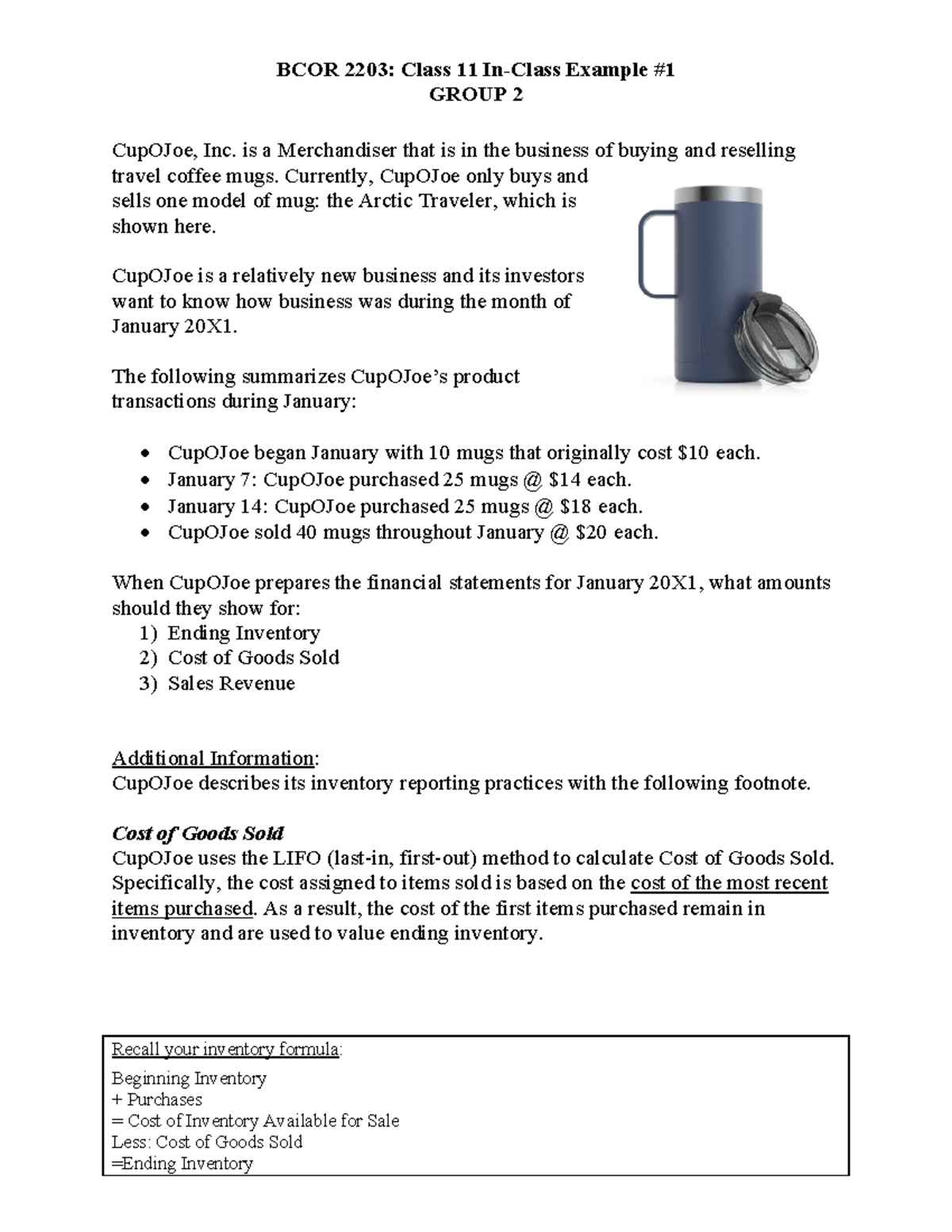 Class 11 Exercise 1 Group 2 - BCOR 2203: Class 11 In-Class Example # GROUP 2 Recall your ...