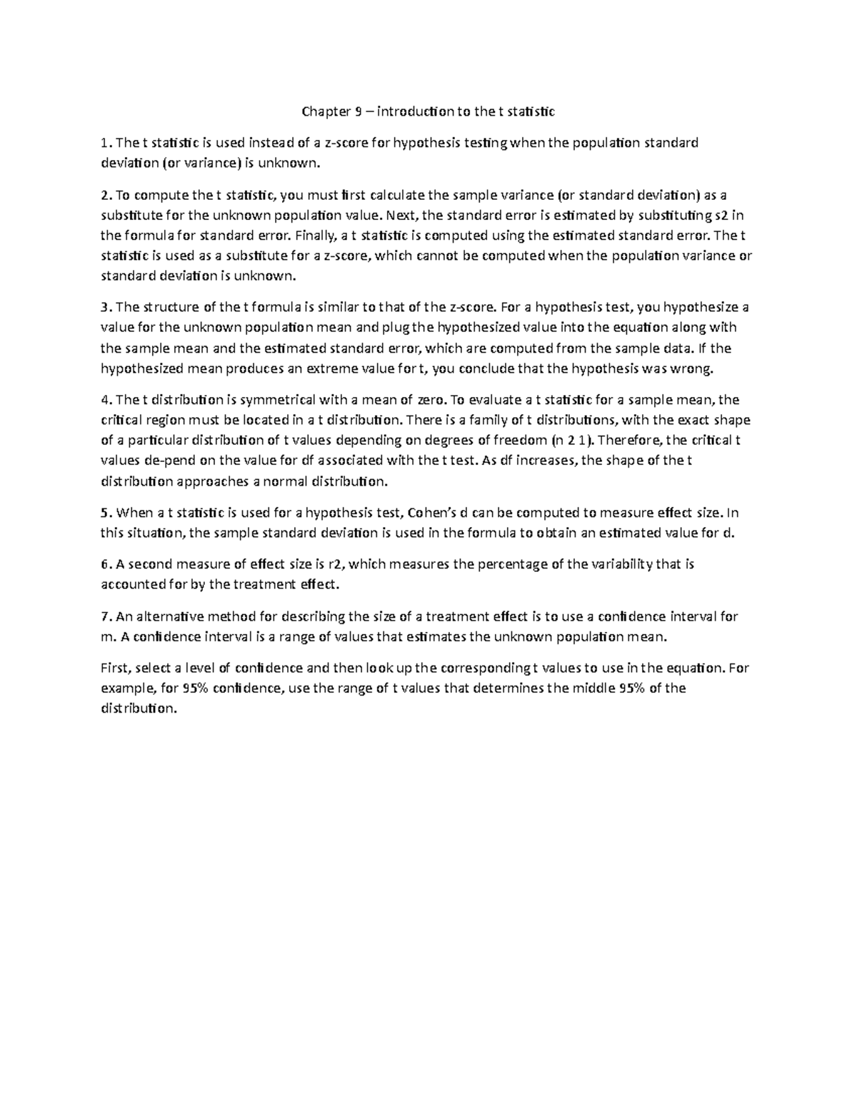 Chapter 9 - Chapter 9 – introduction to the t statistic The t statistic is used instead of a z ...