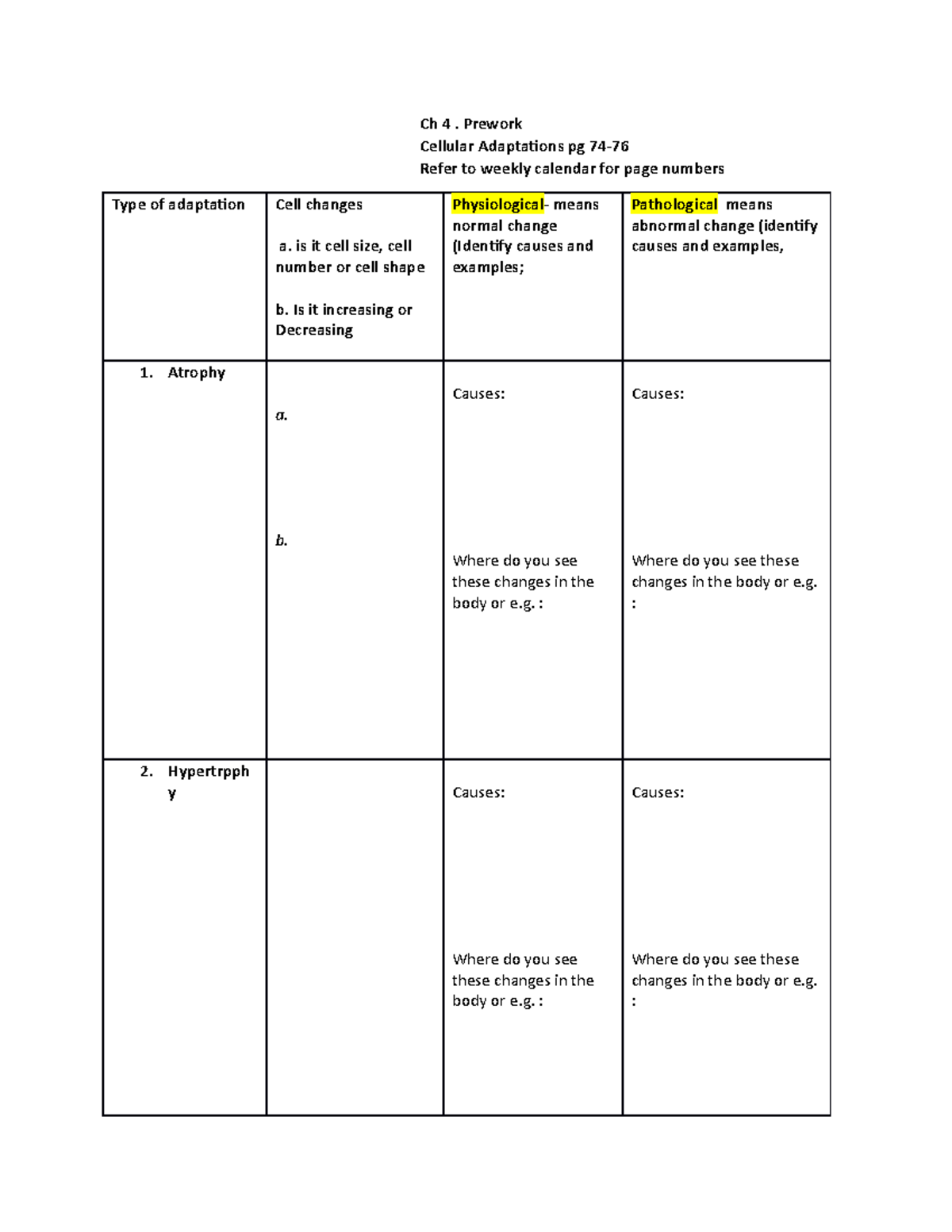 Week 1 preclass work Ch 4 Altered cell and tissue - Ch 4. Prework ...
