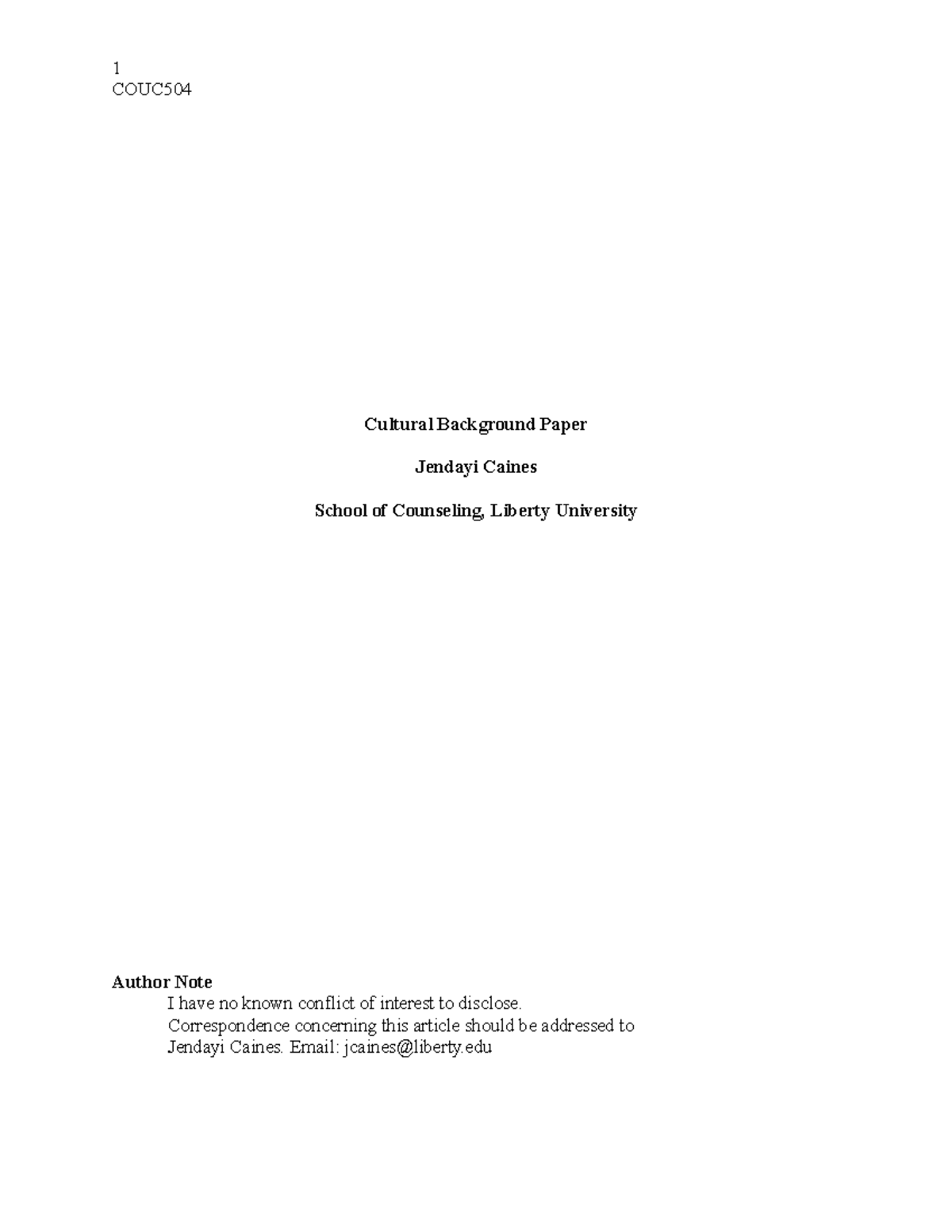 Caines J Cultural Background Paper COUC504 - COUC Cultural Background ...