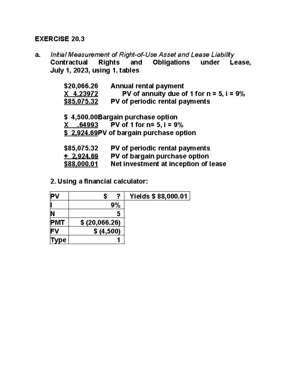 Chapter 20 - leases - EXERCISE 20. 3 a. Initial Measurement of Right-of-Use Asset and Lease ...