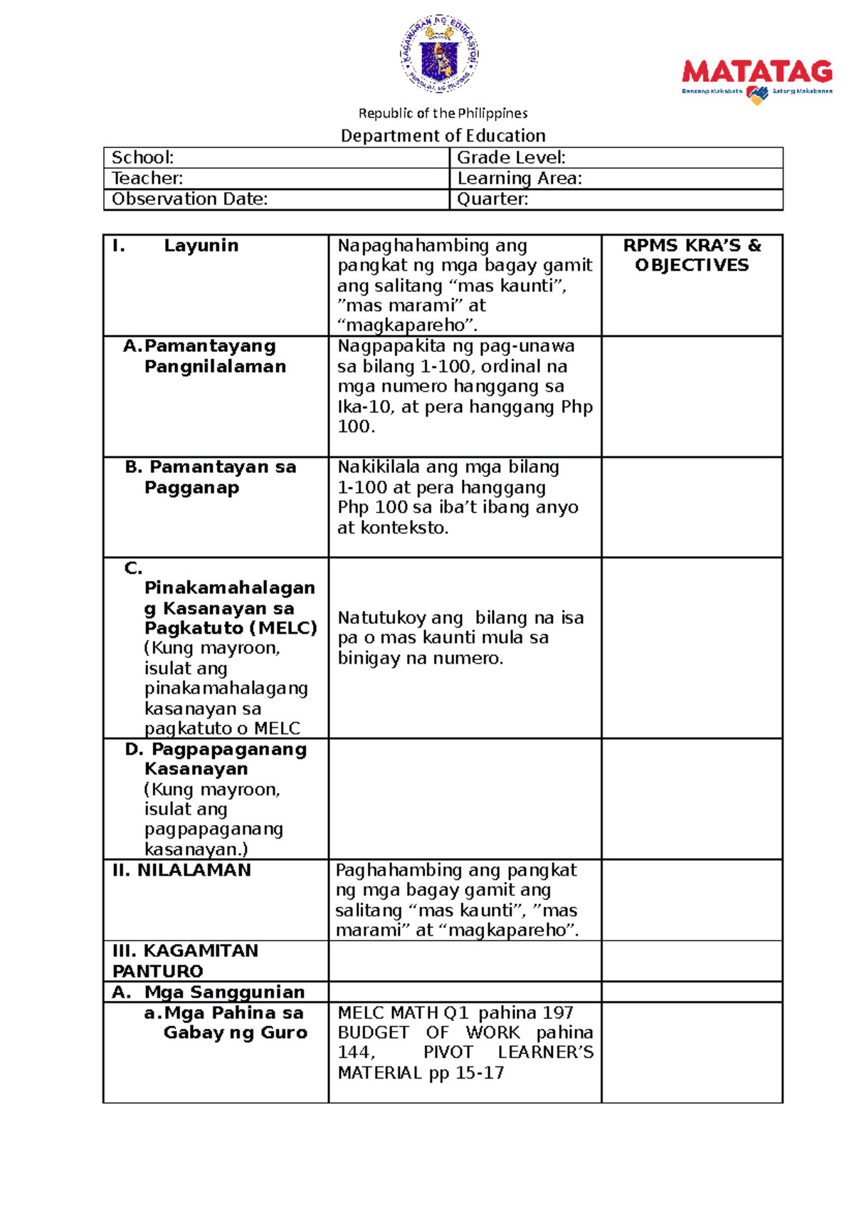 1st CO DLP q1 math week 4 - math dlp - Republic of the Philippines Department of Education ...