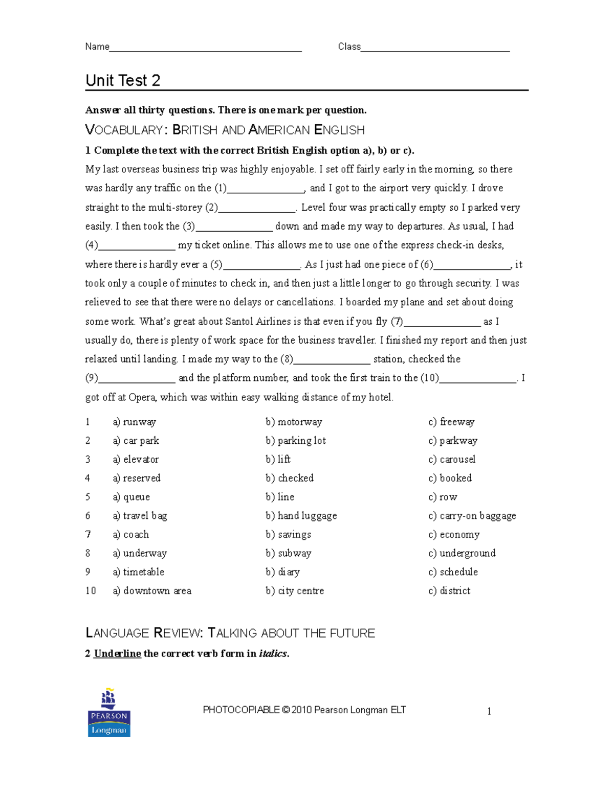 Unit Test 2 market leader intermediate - Unit Test 2 Answer all thirty ...