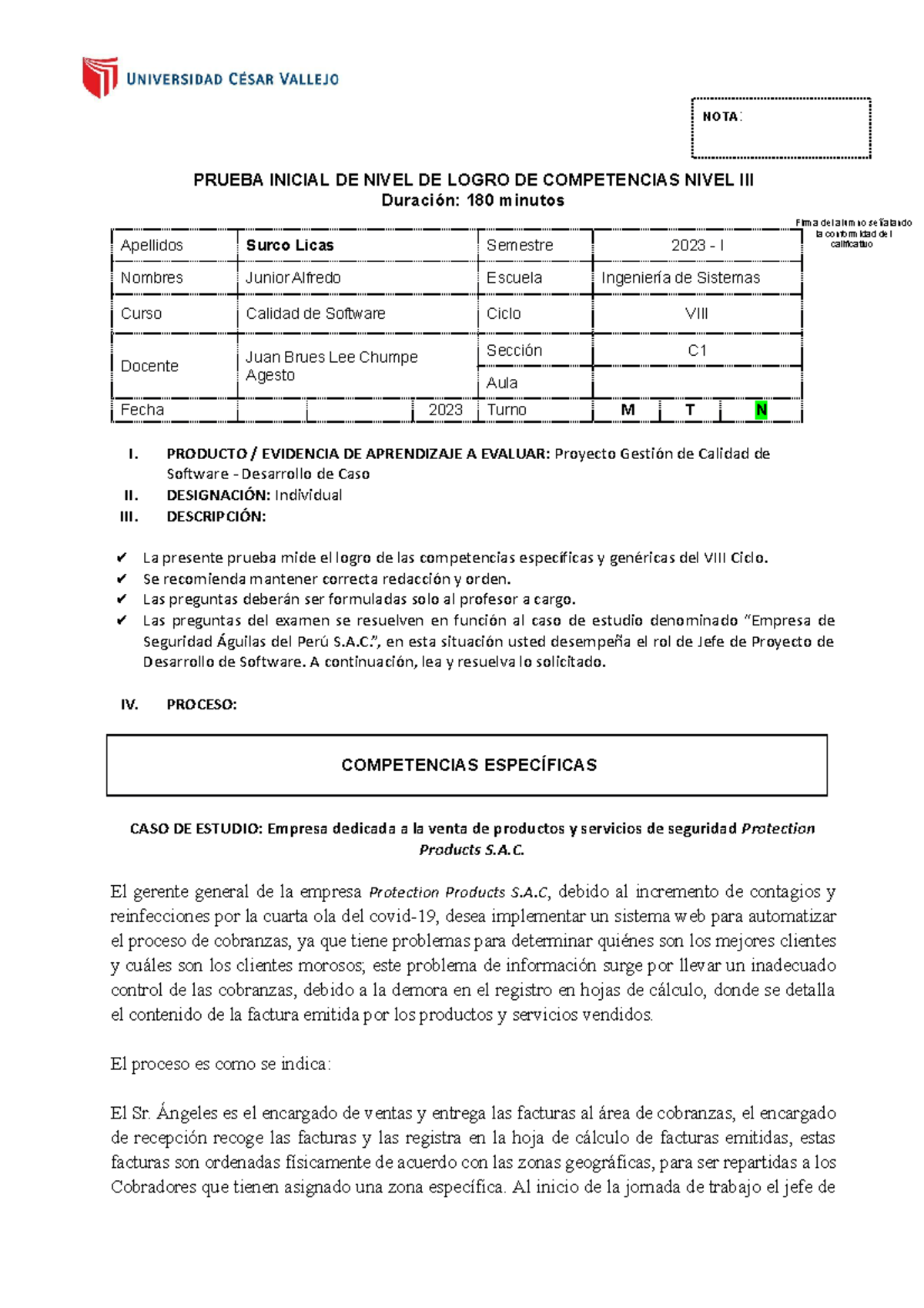 Prueba de nivel de logro - PRUEBA INICIAL DE NIVEL DE LOGRO DE COMPETENCIAS NIVEL III Duración ...