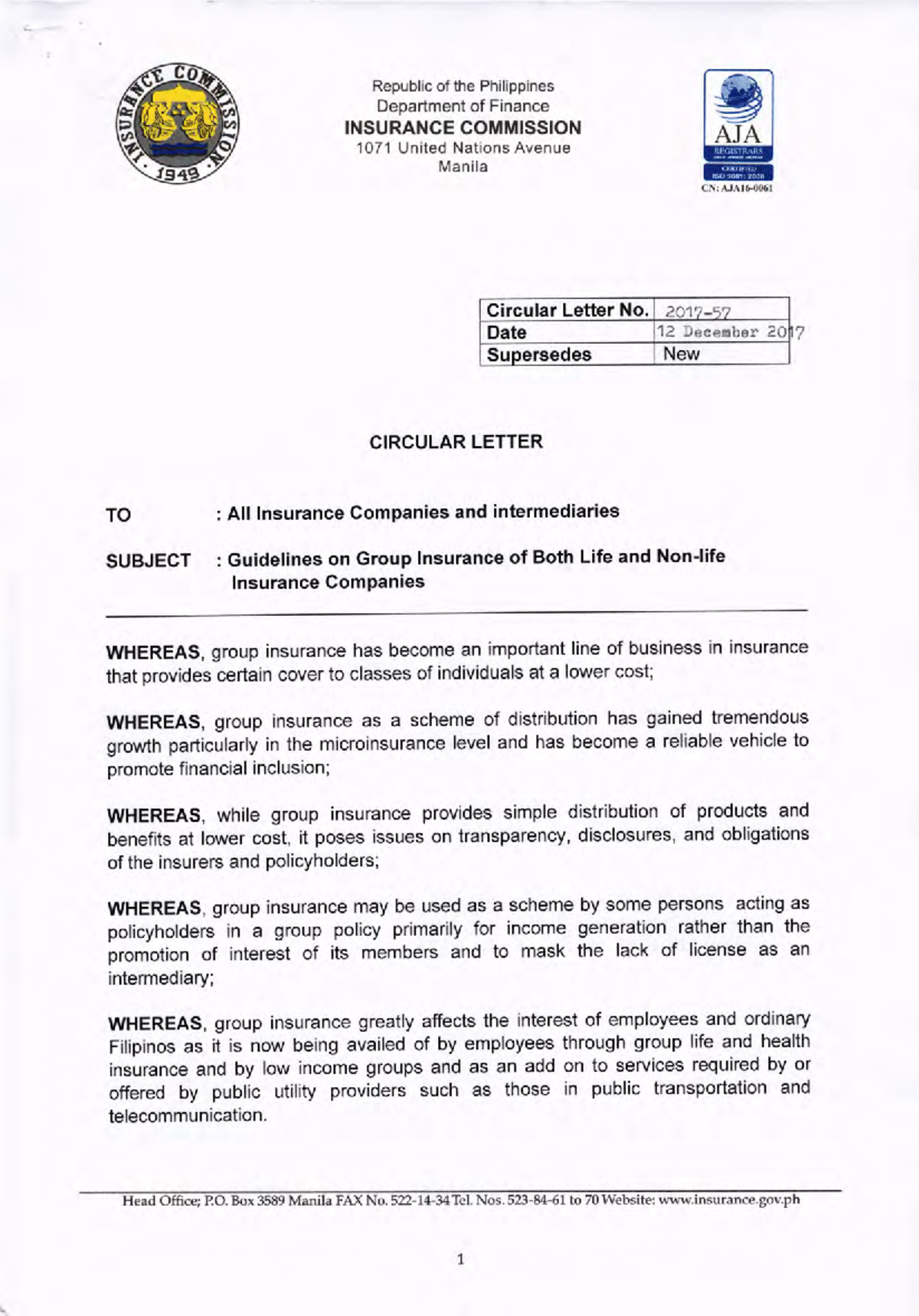 CL2017 57 - Group Insurance Requirements - Republic of the Philippines ...