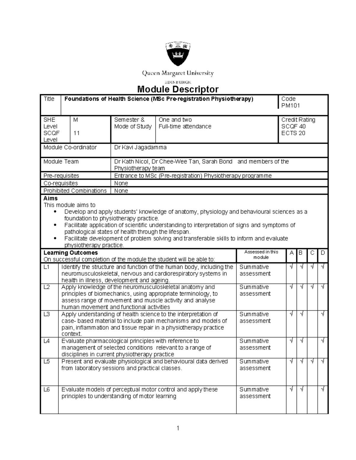 PM101 Foundations of Health Science Module descriptor - Module ...