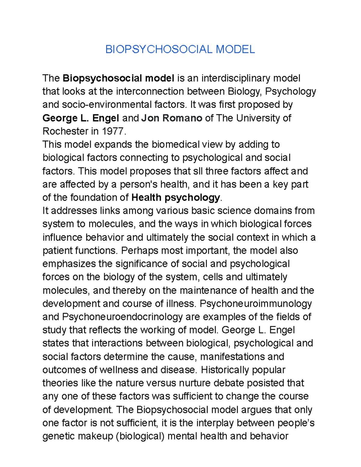 Biopsychosocial model - It was first proposed by George L. Engel and ...