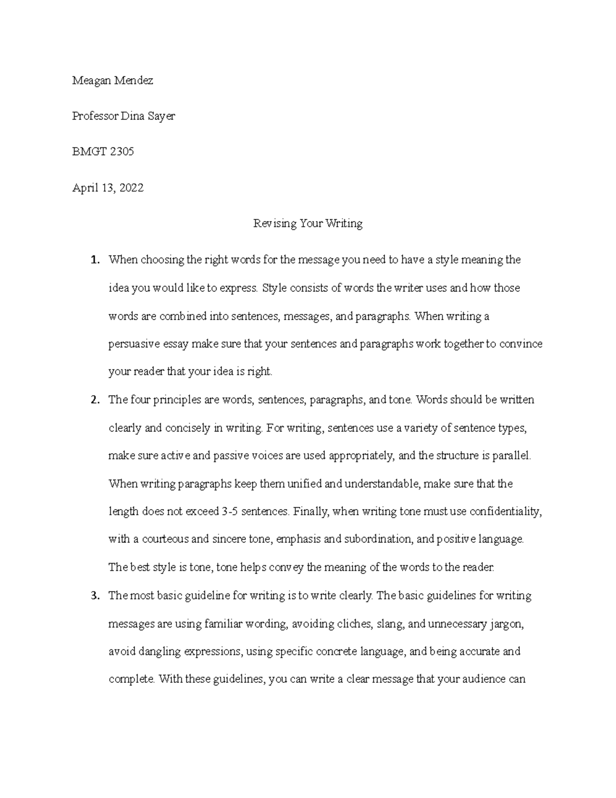 Revising your writing - Meagan Mendez Professor Dina Sayer BMGT 2305 ...