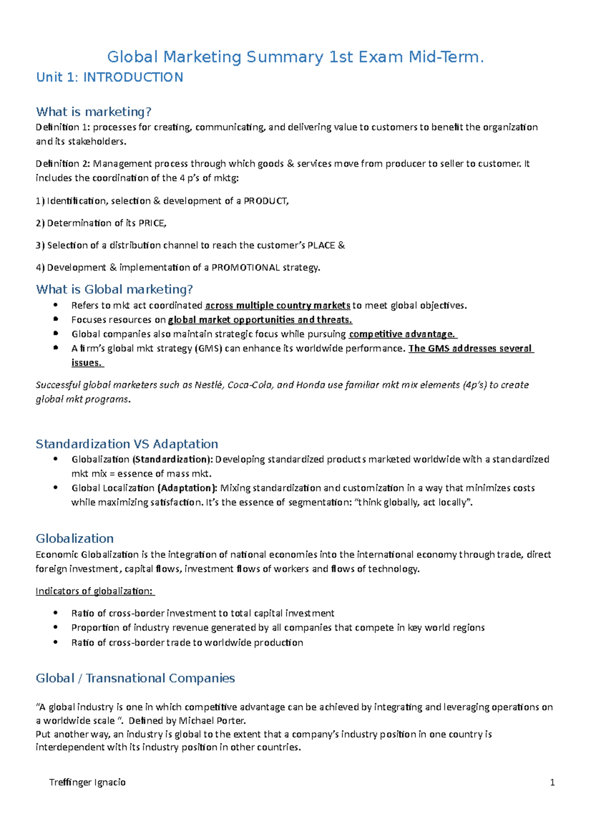 Global Marketing Summary 1st Exam Mid - Marketing Global - UADE - Studocu