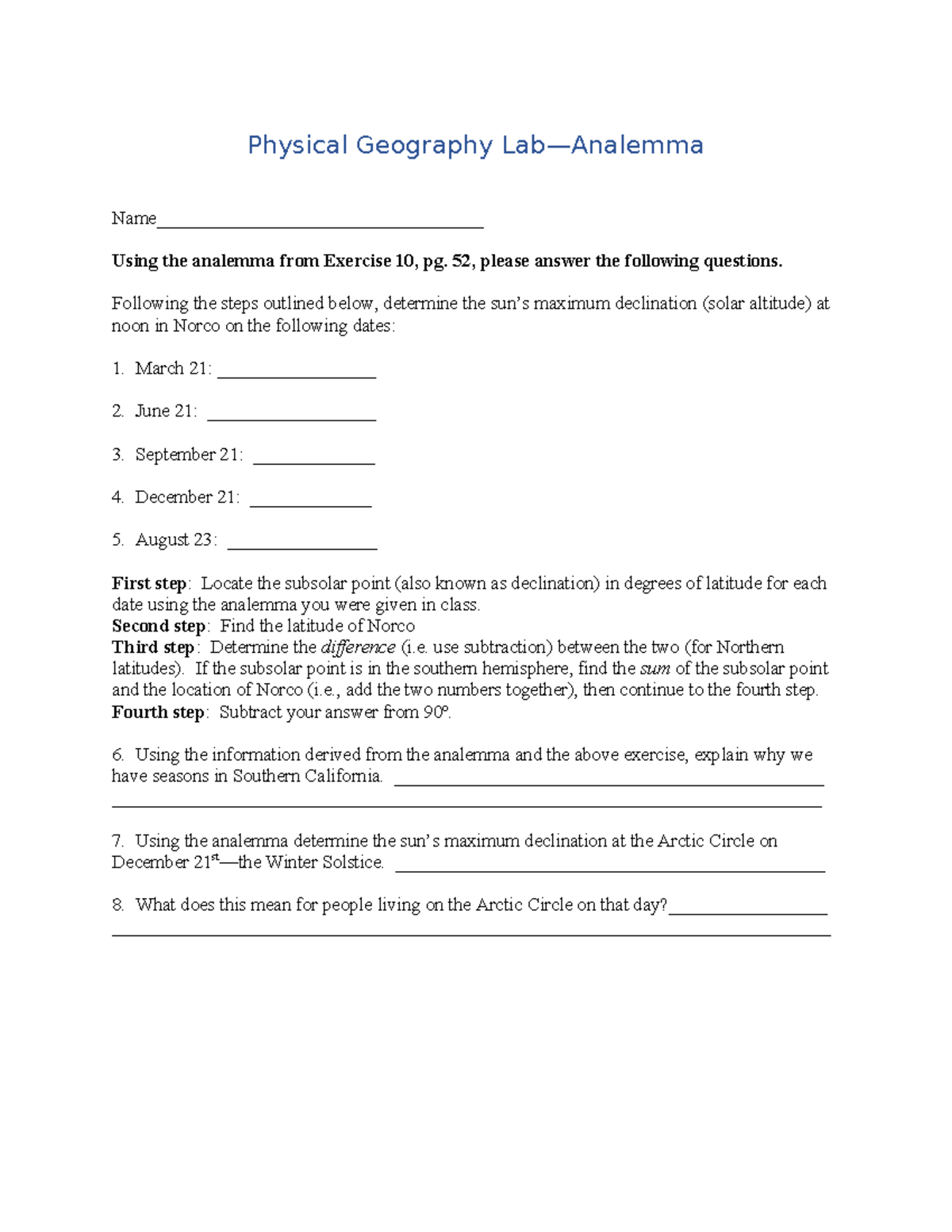 Analemma Exercise - Physical Geography Lab—Analemma Name ...