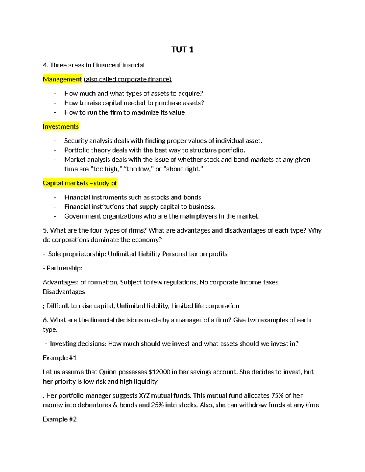 TUT 1 FMA - tut fma - TUT 1 Three areas in FinanceuFinancial Management ...