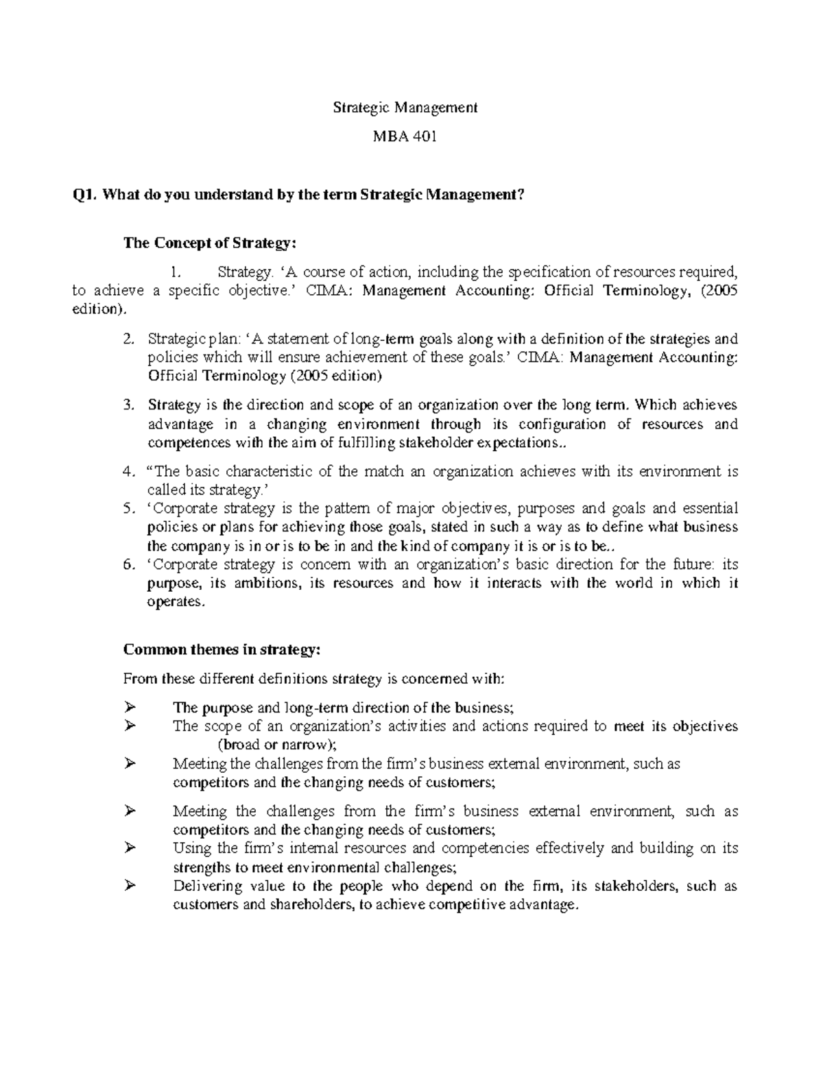 Strategic management - mba notes - Strategic Management MBA 401 Q1 ...