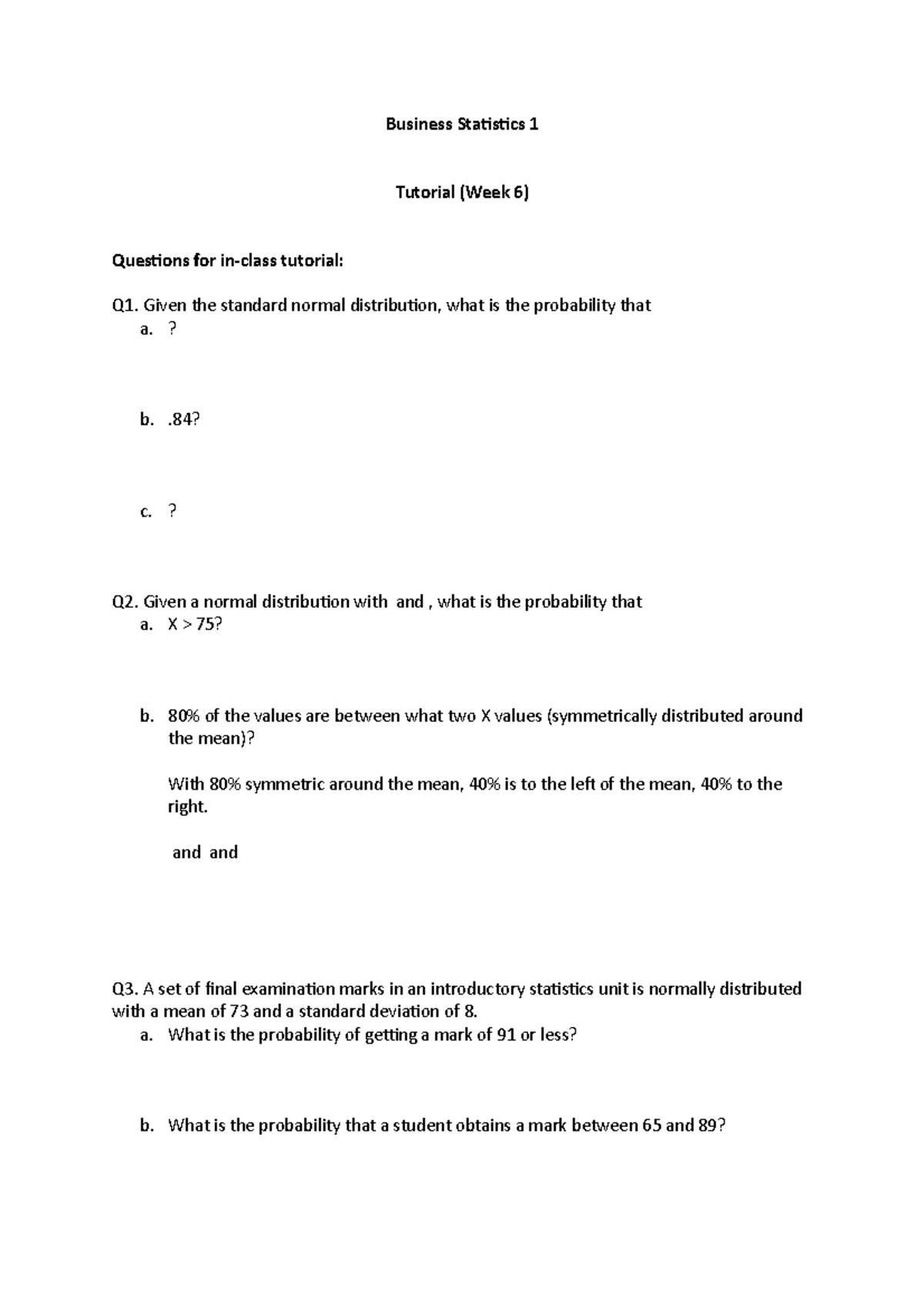 W6 Tutorial Questions - Solutions - Business Statistics 1 Tutorial ...