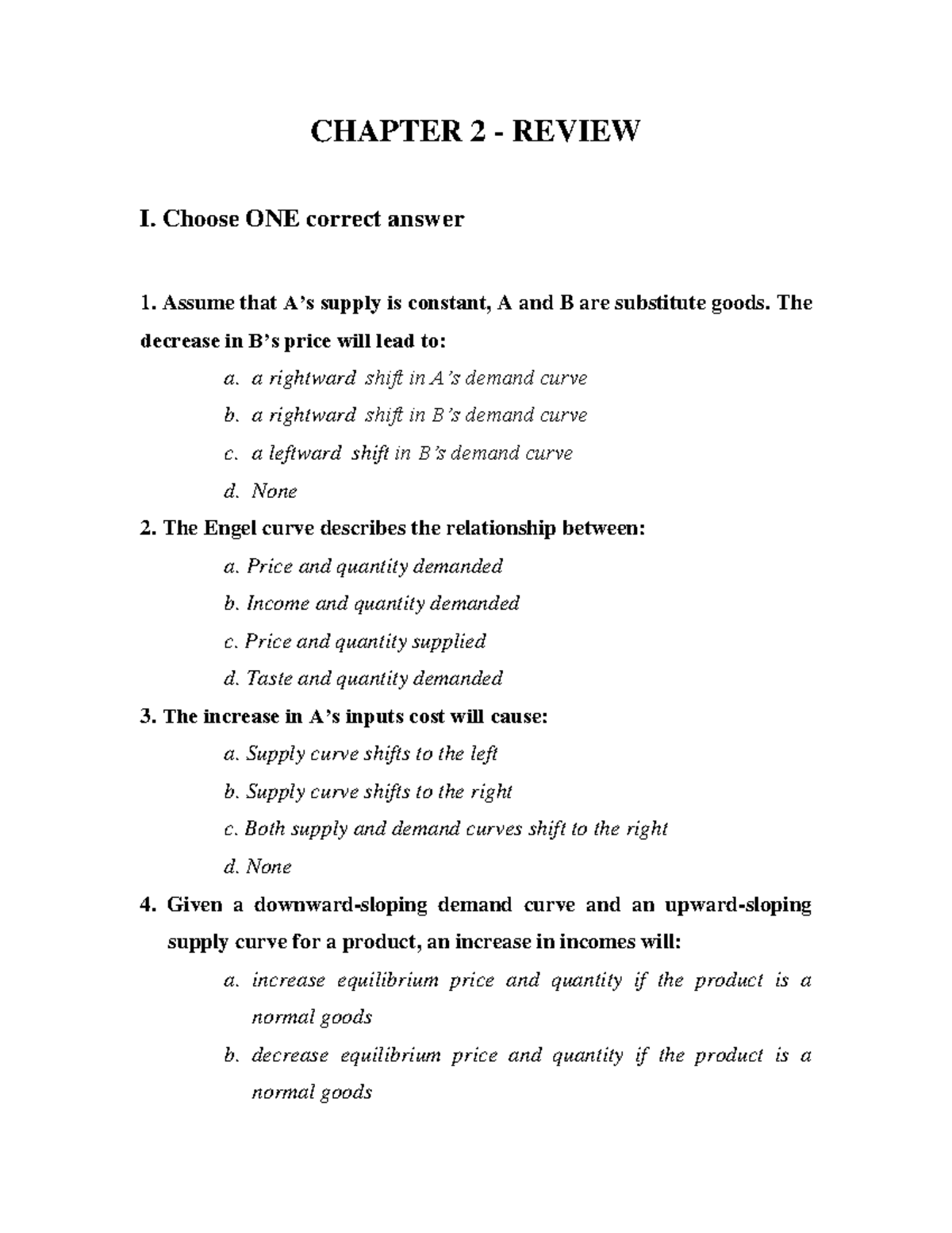 Chapter-2-review - ádfsdf - CHAPTER 2 - REVIEW I. Choose ONE correct ...
