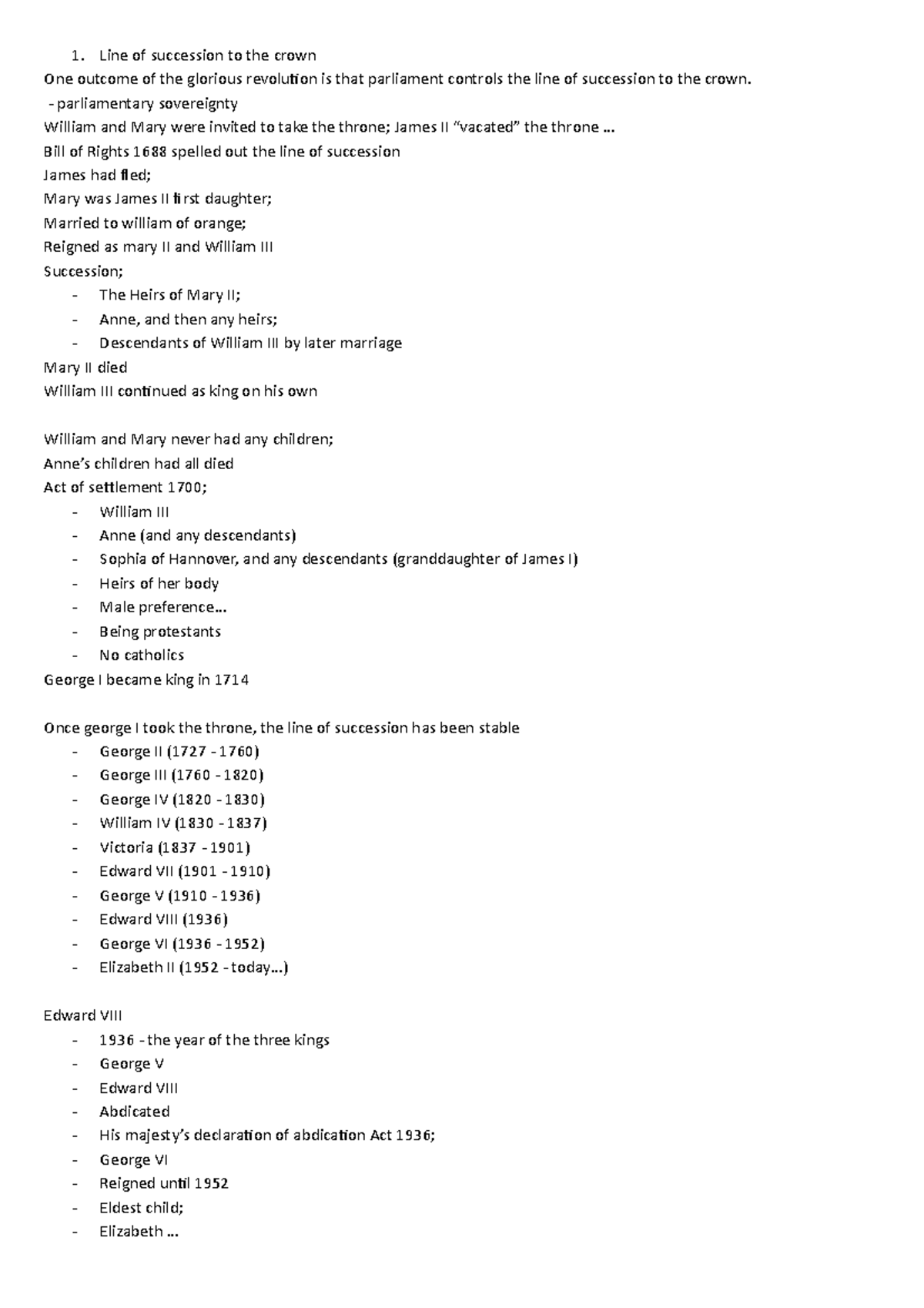 The Monarchy Public Law Lecture Notes Semester 1 19 20 Line Of Succession To The Crown One