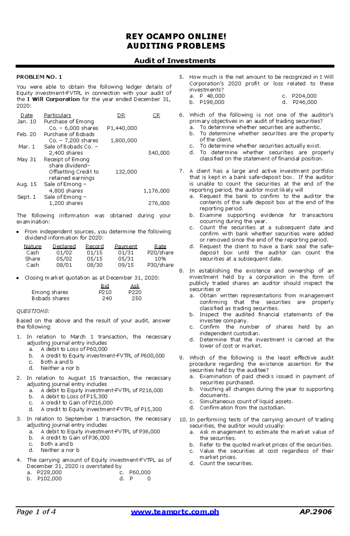 AP - Accounts Payable - AUDITING PROBLEMS Audit of Investments PROBLEM ...