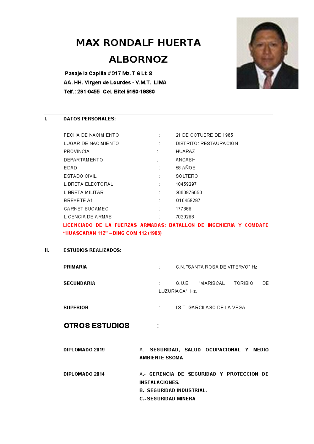 CV 2023 MAX - MAX RONDALF HUERTA ALBORNOZ Pasaje la Capilla # 317 Mz. T 6 Lt. 8 AA. HH. Virgen ...