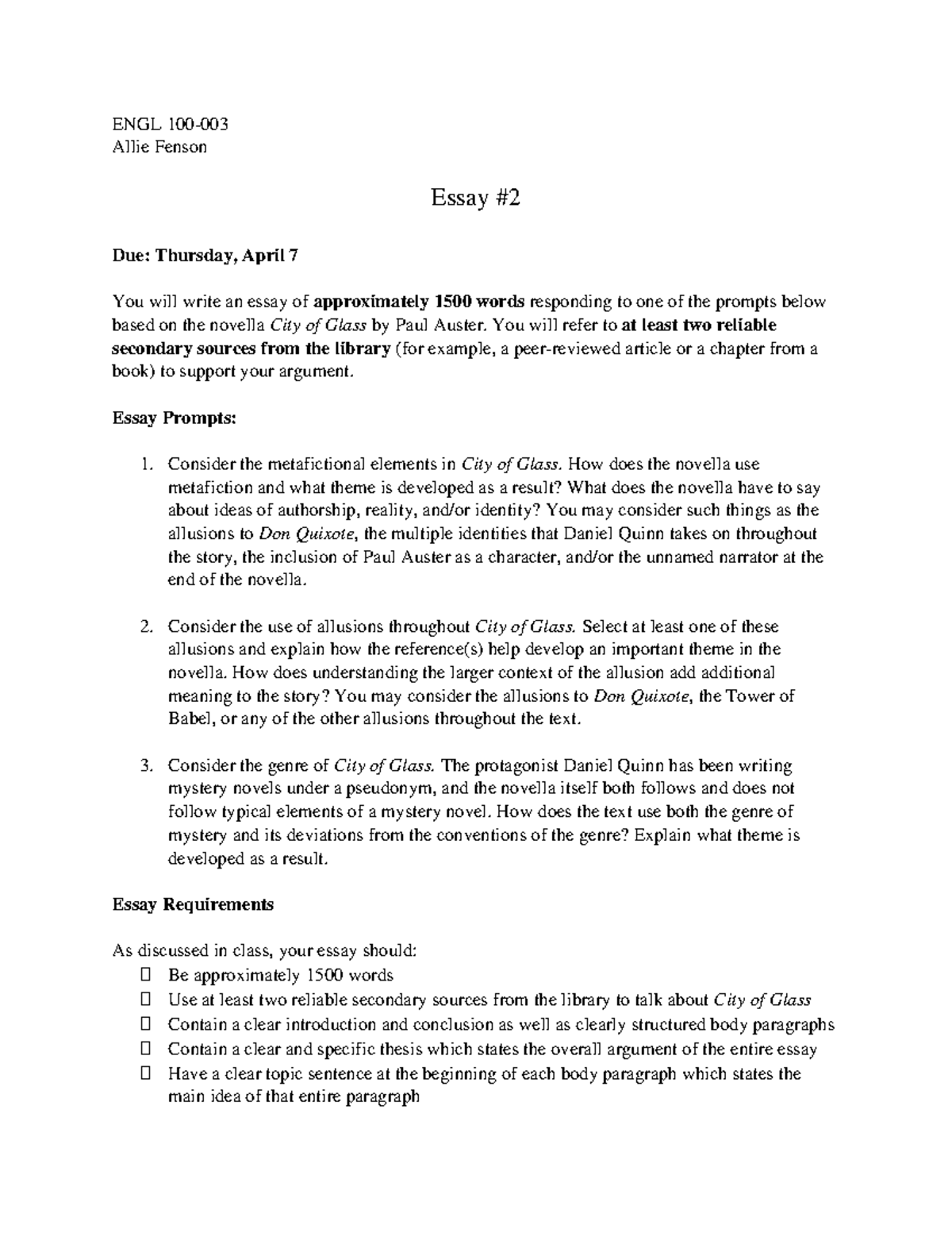 Essay 3 Assignment Sheet - ENGL 100- Allie Fenson Essay Due: Thursday ...